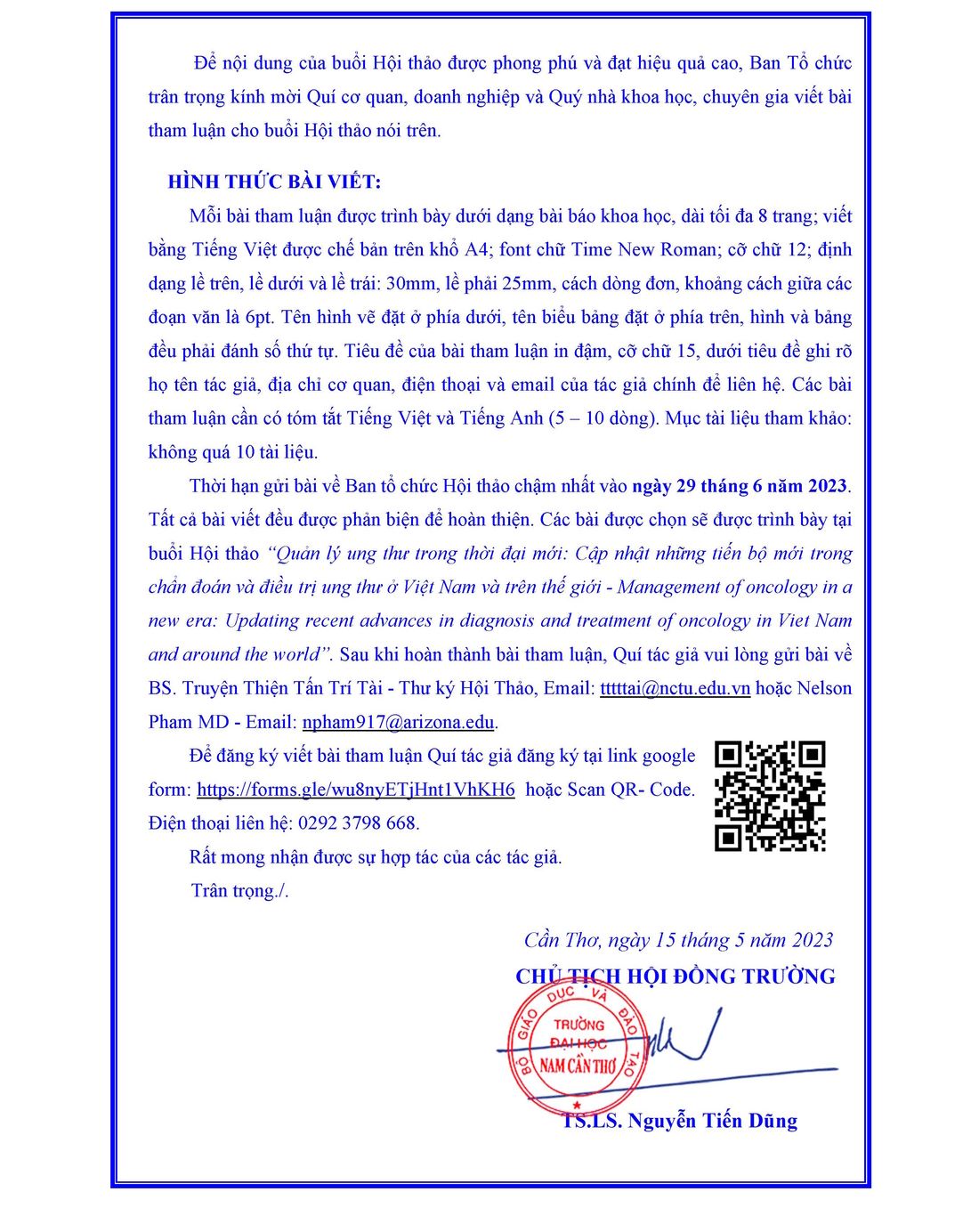 Thư Mời Viết Bài Tham Luận Hội Thảo Khoa Học “quản Lý Ung Thư Trong
